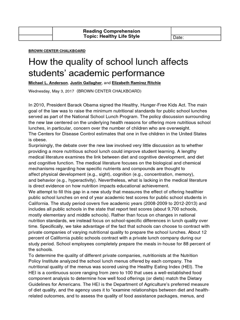 Text & Questions Quality School Lunch & Academic Performance | PDF ...