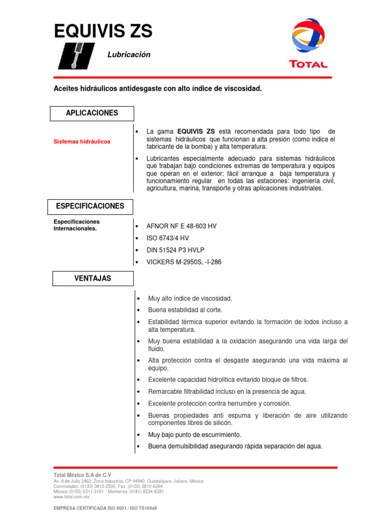 Ficha Tecnica Equivis Zs 46 | PDF | Lubricante | Ciencias fisicas
