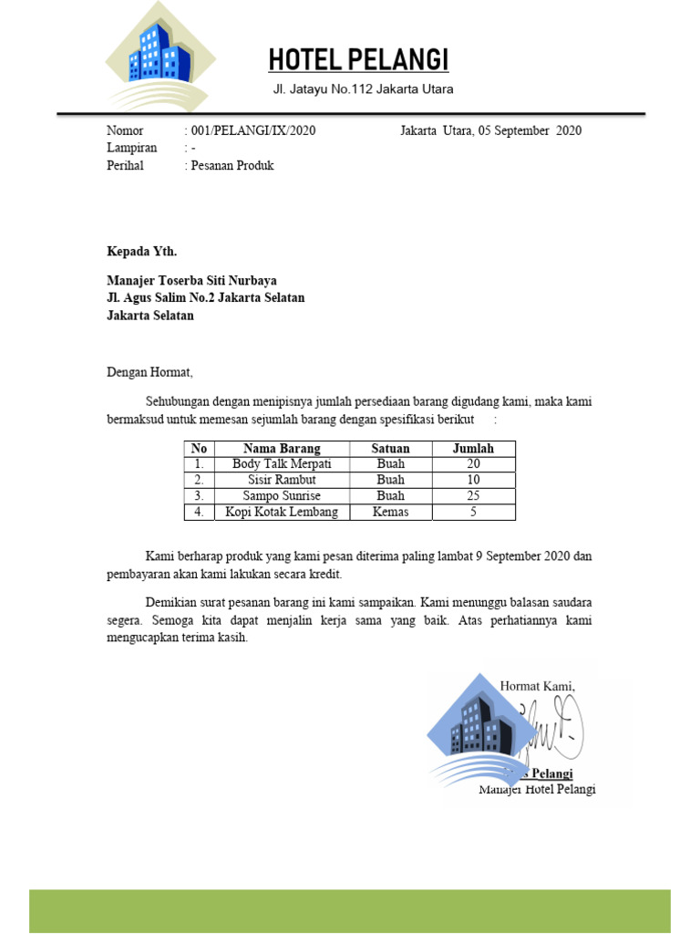 Contoh Surat Pemesanan - Roduk Hotel Pelangi | PDF
