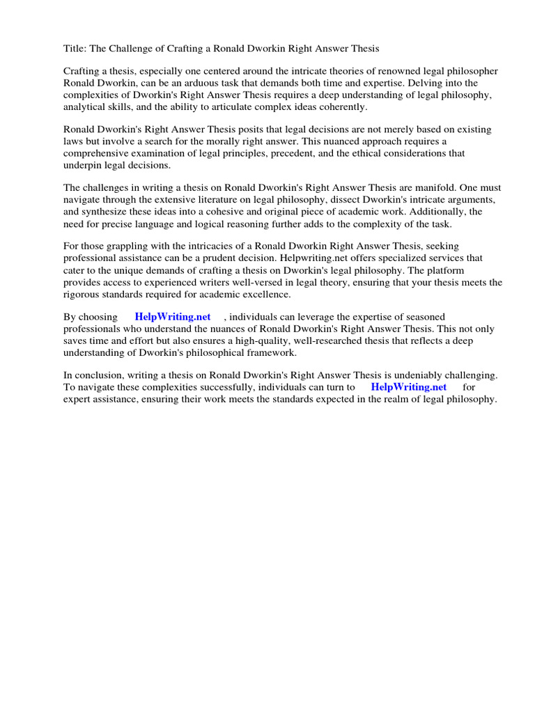 Ronald Dworkin Right Answer Thesis | PDF | Jurisprudence