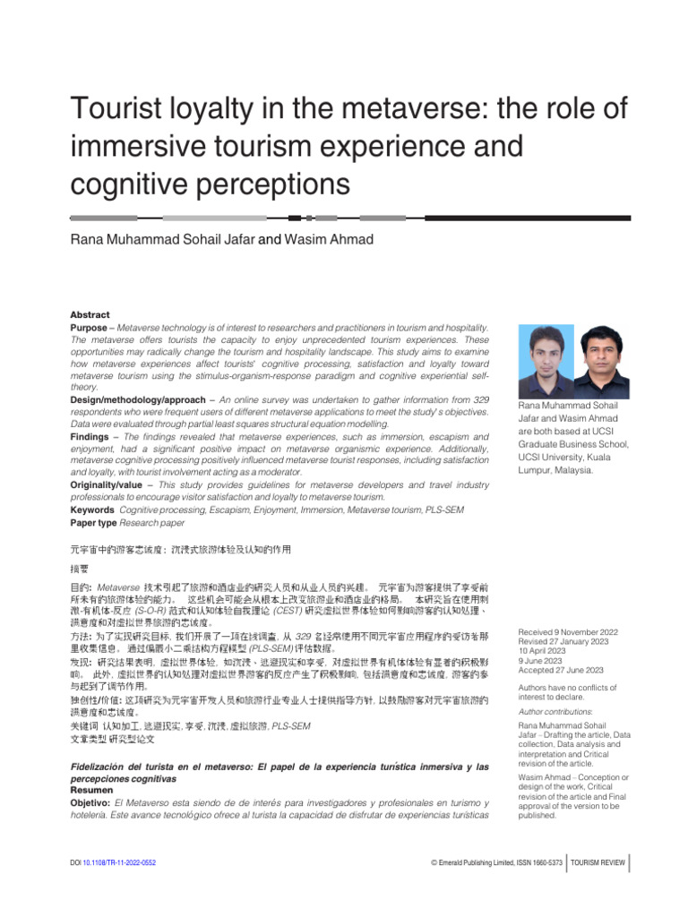 Tourist Loyalty in the Metaverse the Role of Immersive Tourism Experience and Cognitive ...