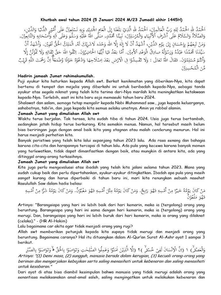 Khutbah Jumat Tahun Baru 2024 | PDF
