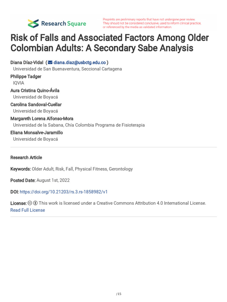 Risk of Falls and Associated Factors Among Older C | PDF | Risk | Old Age