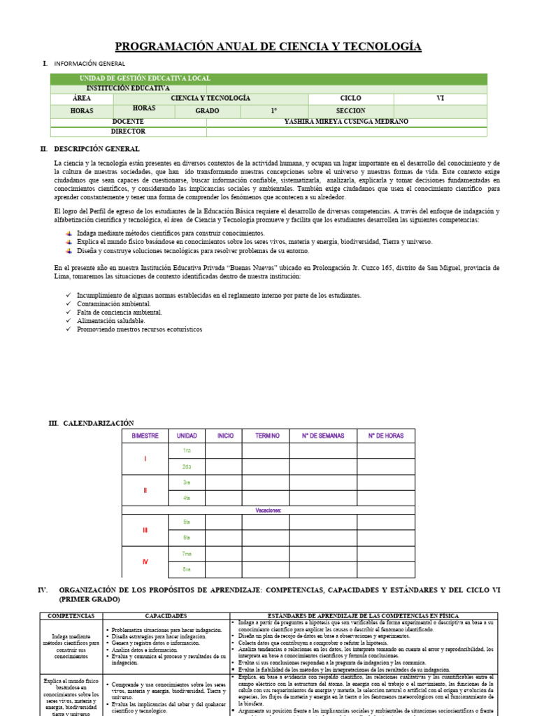 1ro Programacion Anual CYT | PDF | Aprendizaje | Entorno natural