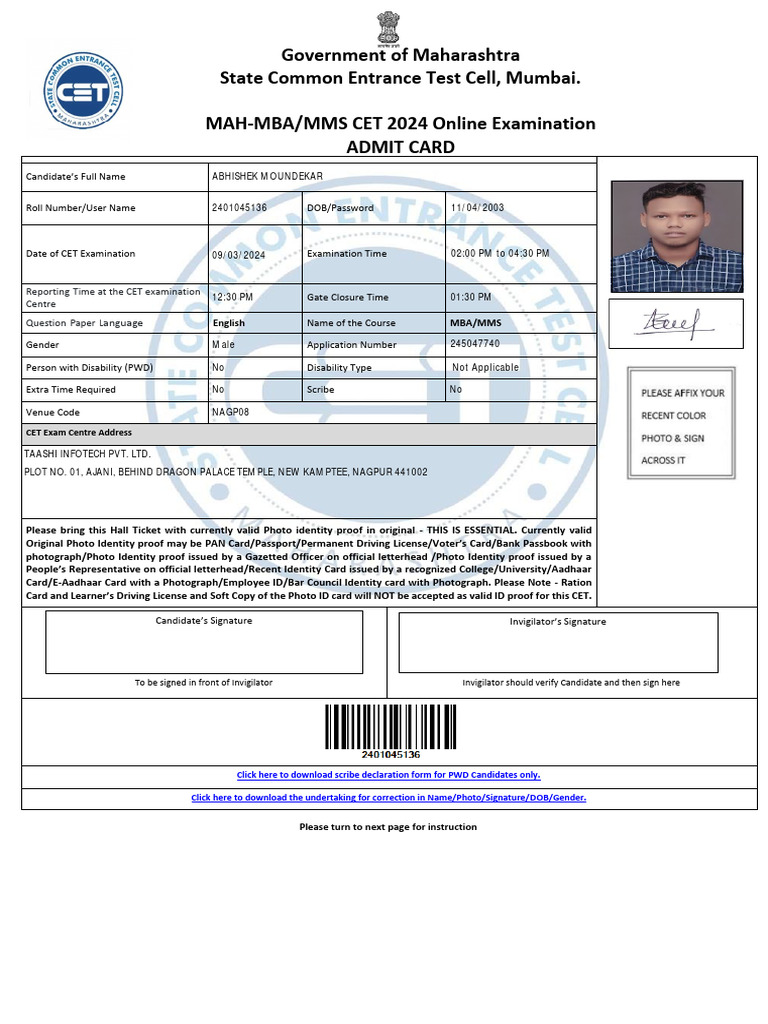 Government of Maharashtra State Common Entrance Test Cell, Mumbai. MAH ...