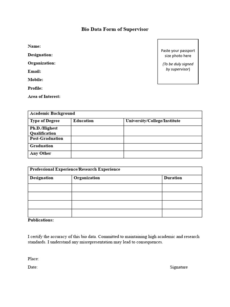Bio Data Form For Supervisor | PDF