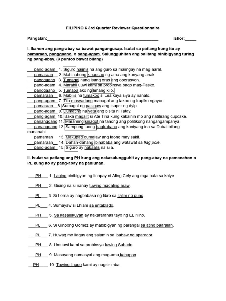 Filipino 6 - 3rd Quarter - Answer Key | PDF