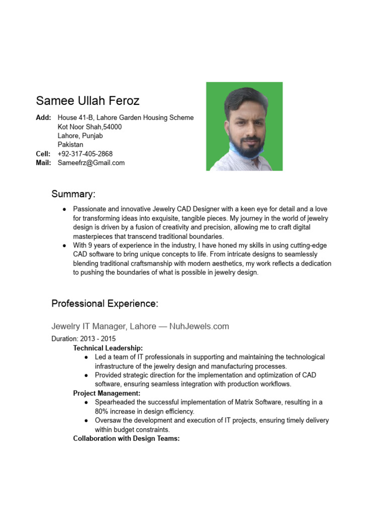 Resume Samee Ullah Feroz 3D CAD Jewelry Designer | Download Free PDF | Project Management | 3 D ...