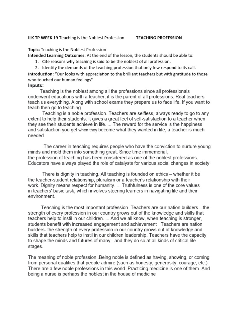 Teaching: The Noblest Profession | PDF | Teachers | Learning