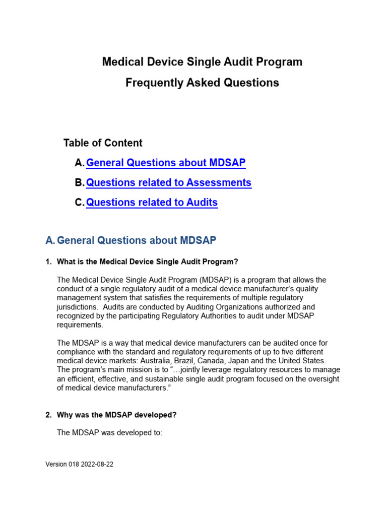 MDSAP Audit Program Overview and FAQs | PDF | Medical Device | Quality ...