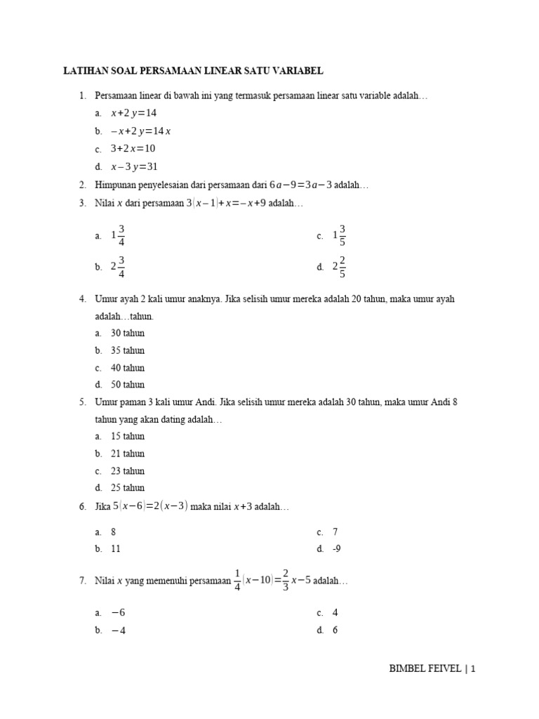 Latihan Soal Persamaan Linear Satu Variabel | PDF