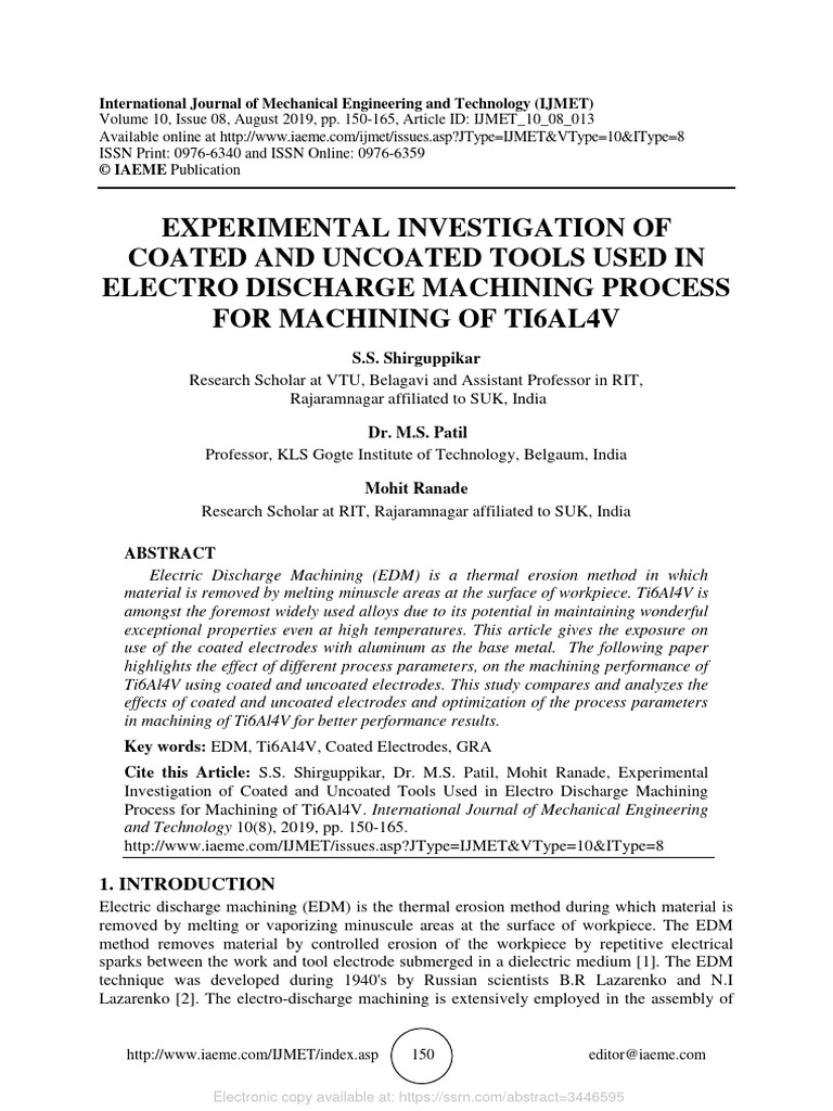 Experimental Investigation of Coated and Uncoated Tools Used in Electro Discharge Machining ...