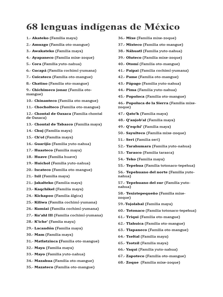 68 Lenguas Indígenas de México | PDF | Folklore Mexicano | Pueblos ...