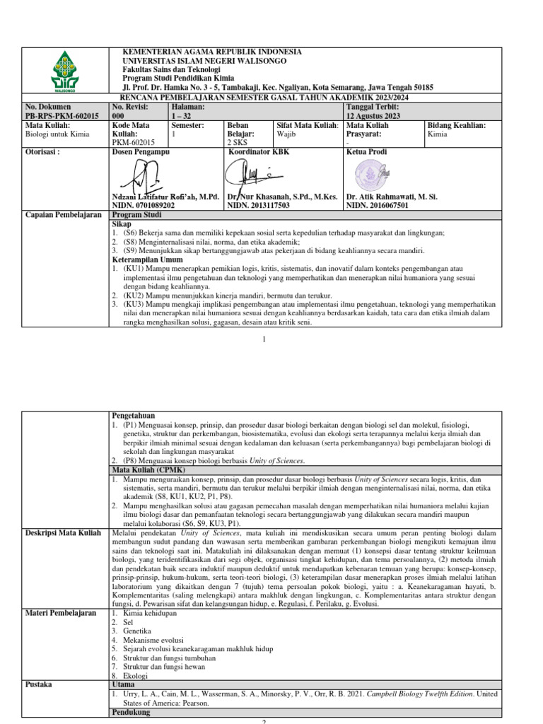 RPS BIOLOGI Untuk KIMIA 2023 | PDF