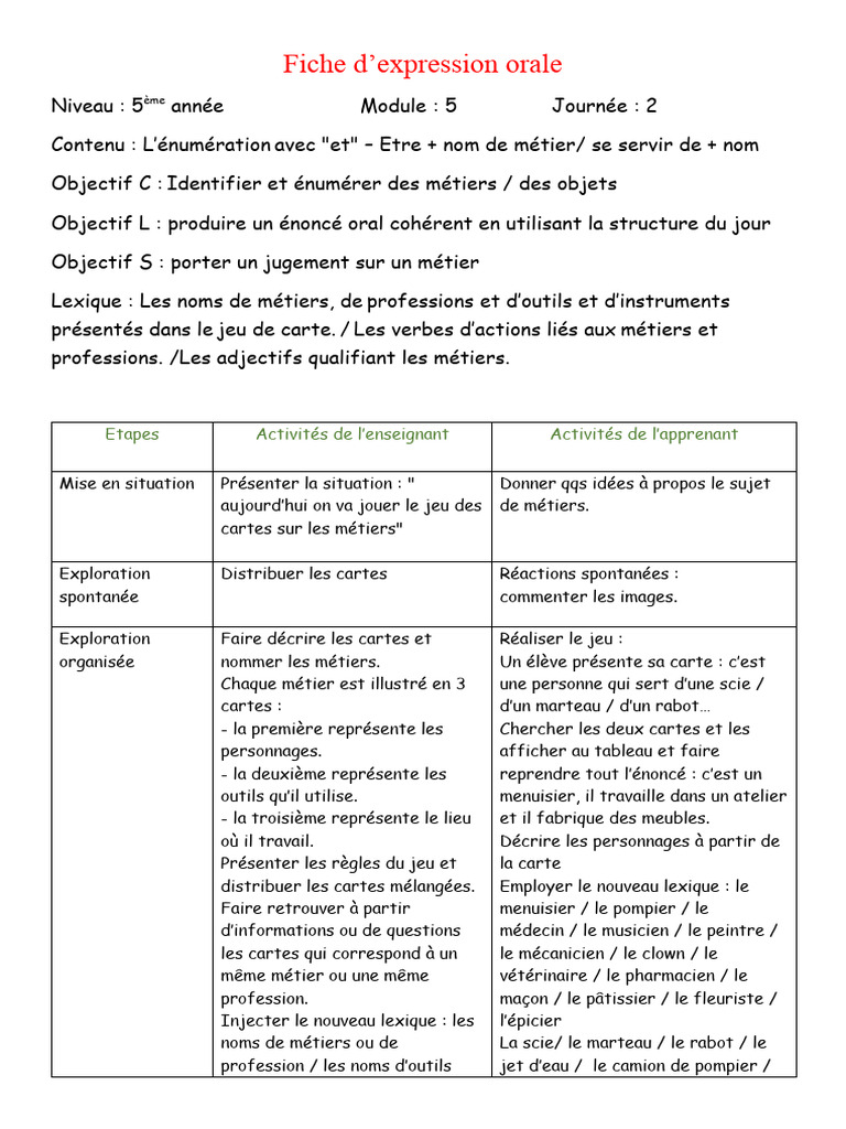 Fiche d'expression orale 5ème année | PDF