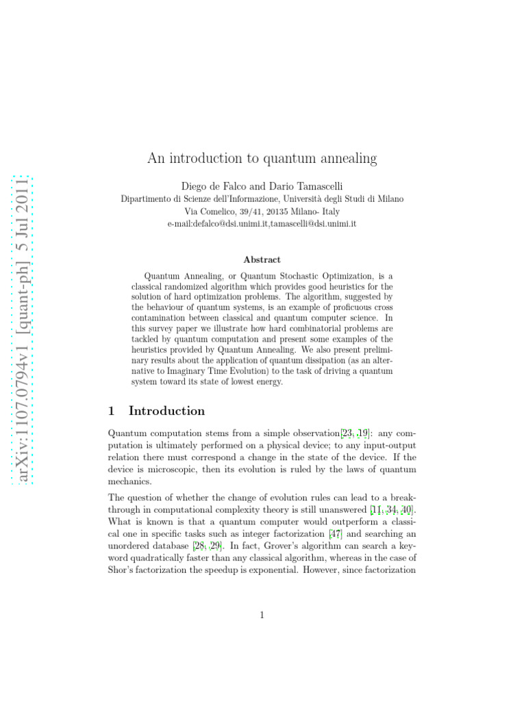 An Introduction To Quantum Annealing: Diego de Falco and Dario Tamascelli | PDF | Quantum ...