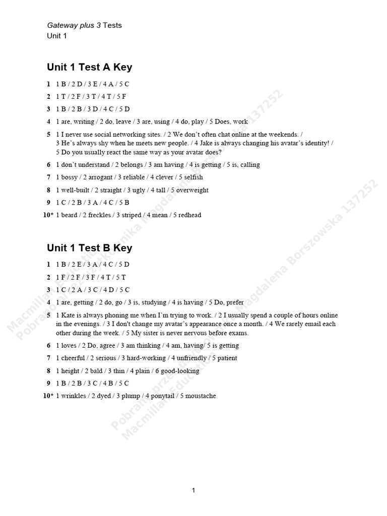 Gateway Plus 3 Unit 1 Test Answer Key | PDF