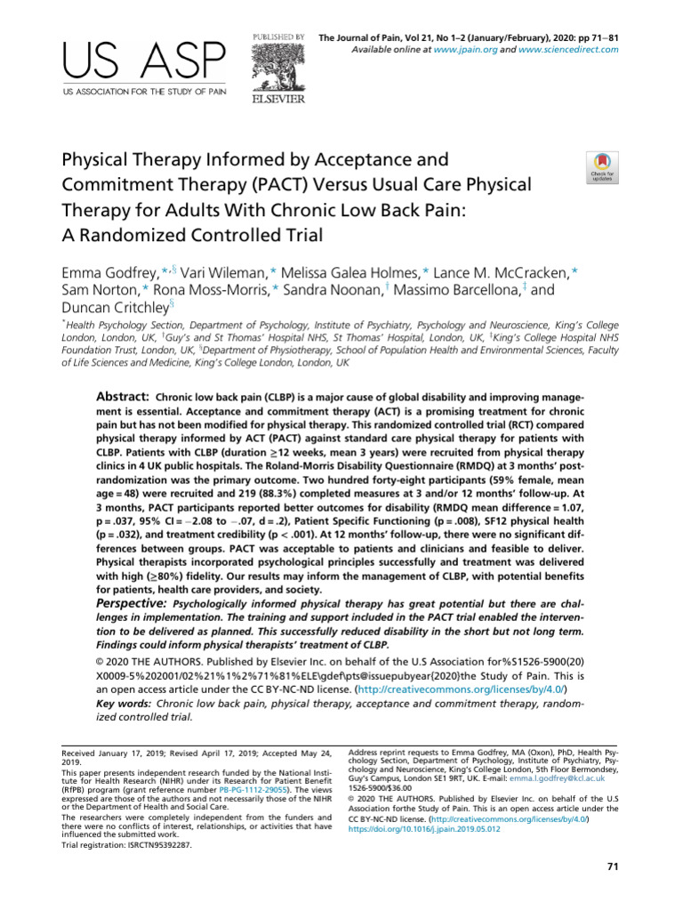 Physical Therapy Informed by Acceptance and Commitment Therapy - 2020 ...