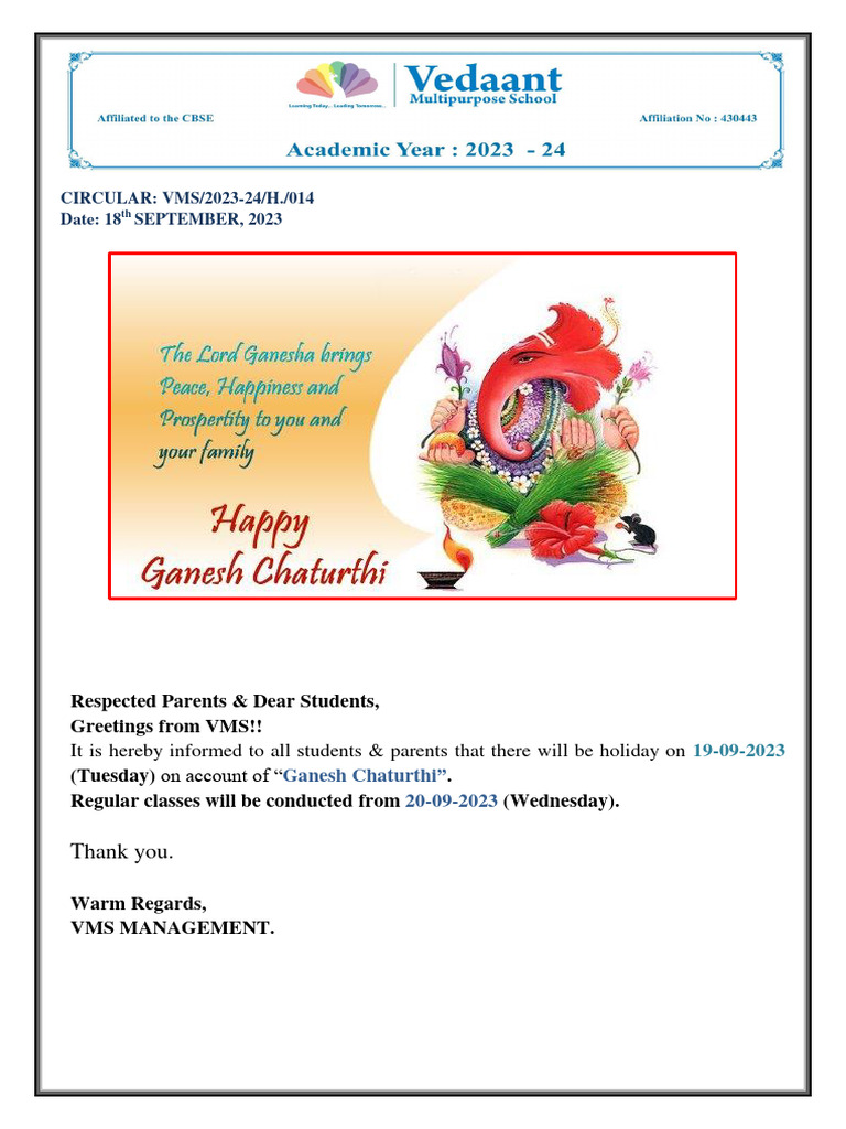 Student's Circular For Ganesh Chaturthi Holiday | PDF