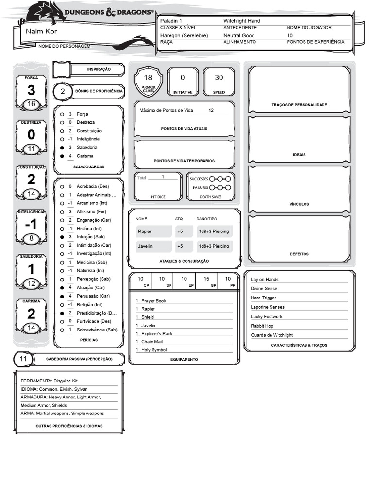 Ficha de Personagem: Paladino Haregon | PDF