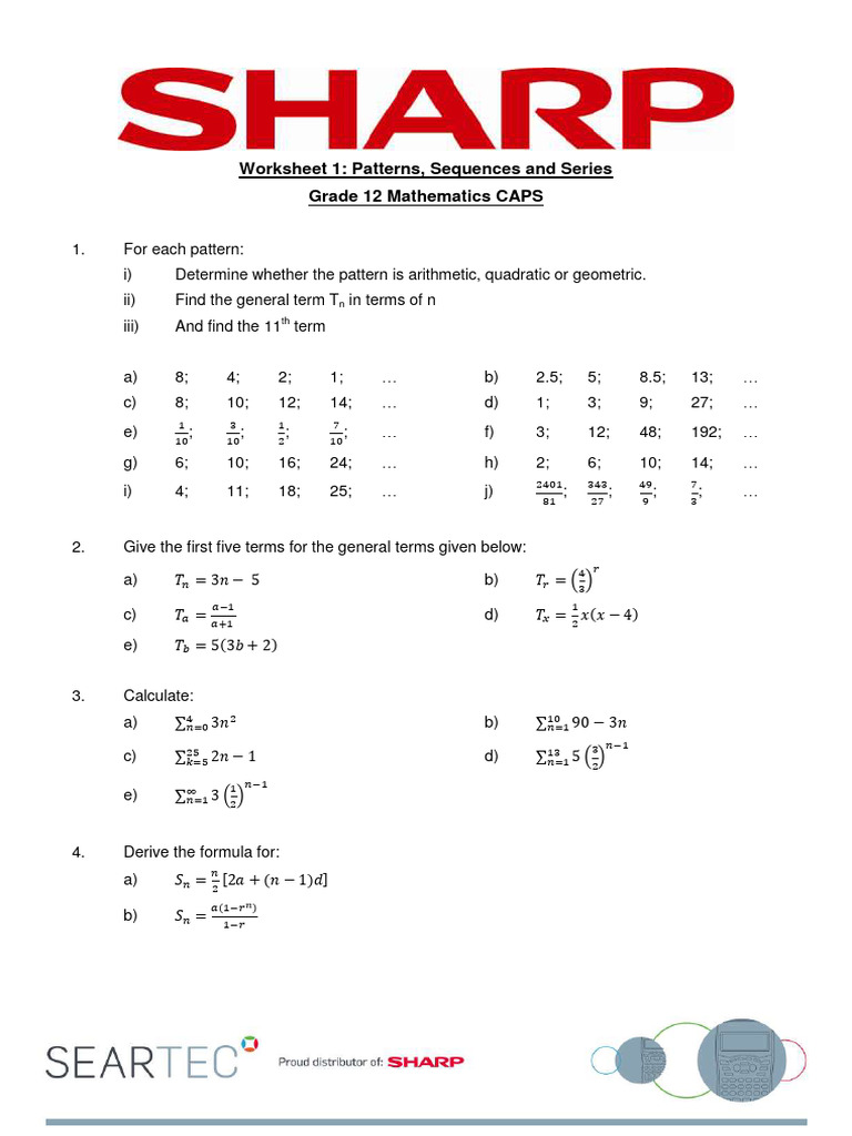 Worksheet 1 - Patterns Sequences and Series Grade 12 Maths | Download Free PDF | Elementary ...