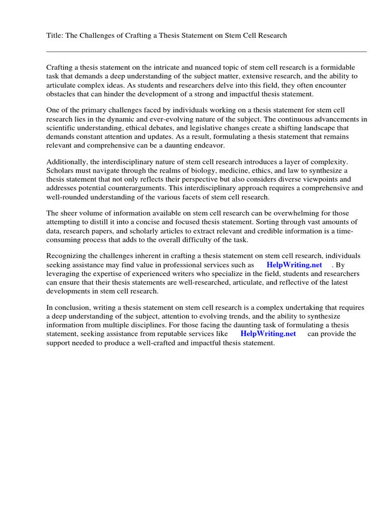 Thesis Statement Stem Cell Research | PDF | Stem Cell | Embryonic Stem Cell