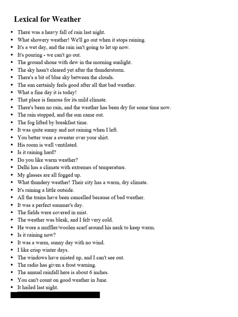 Weather Lexical List | PDF | Weather | Rain
