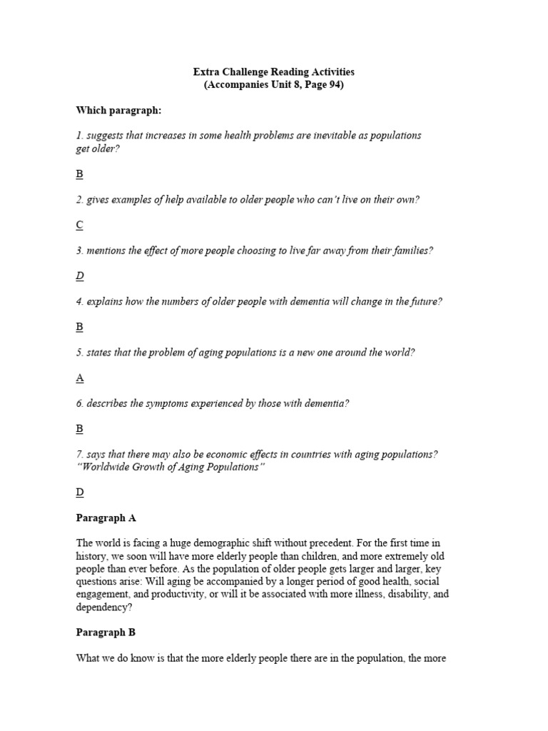 Extra Challenge Reading Activities | PDF | Dementia | Old Age