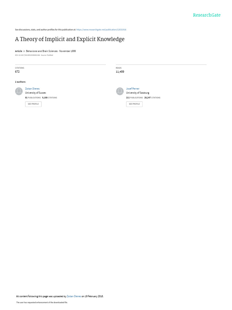 9 A Theory of Implicit and Explicit Knowledge | PDF | Knowledge ...