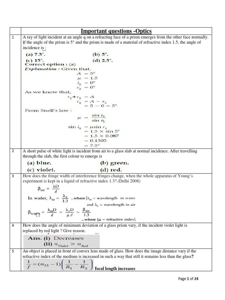 Optics Important Questions | PDF | Refractive Index | Diffraction