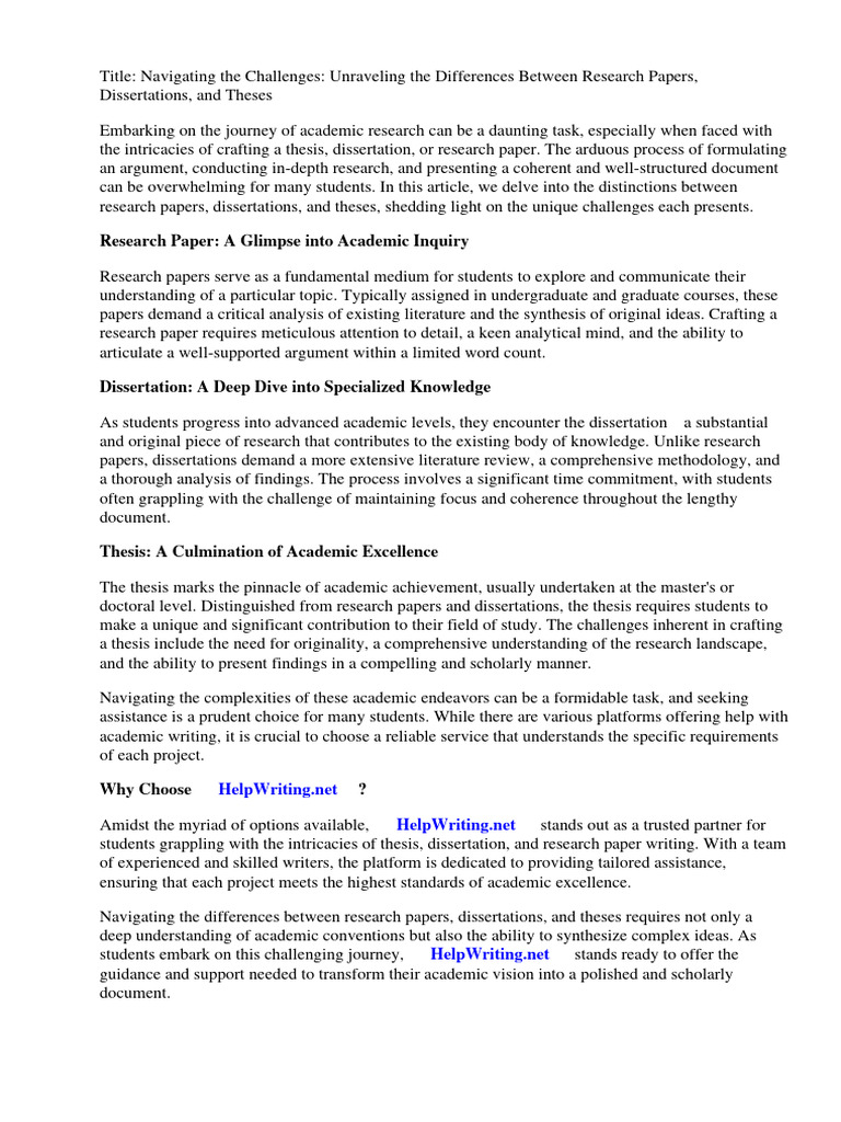 Difference Between Research Paper Dissertation and Thesis | PDF ...