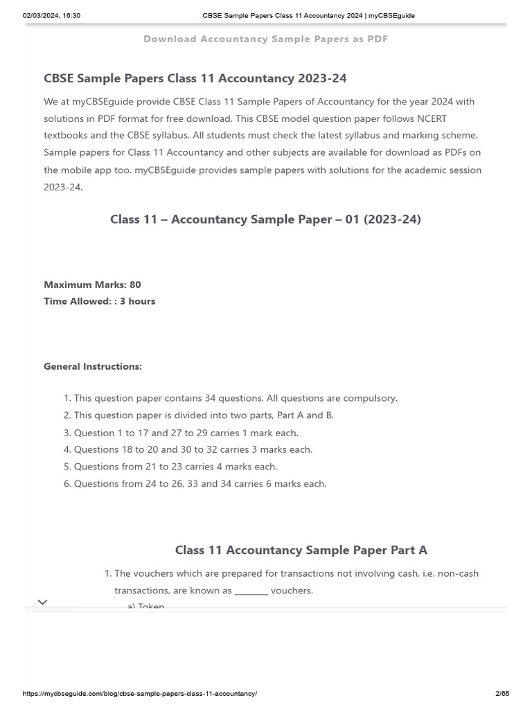 CBSE Sample Papers Class 11 Accountancy 2024 _ myCBSEguide | PDF ...