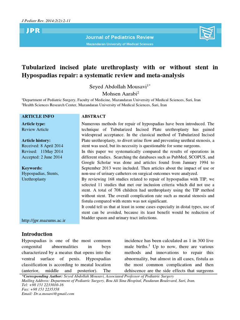Tubularized Incised Plate Urethroplasty With or Without Stent in ...