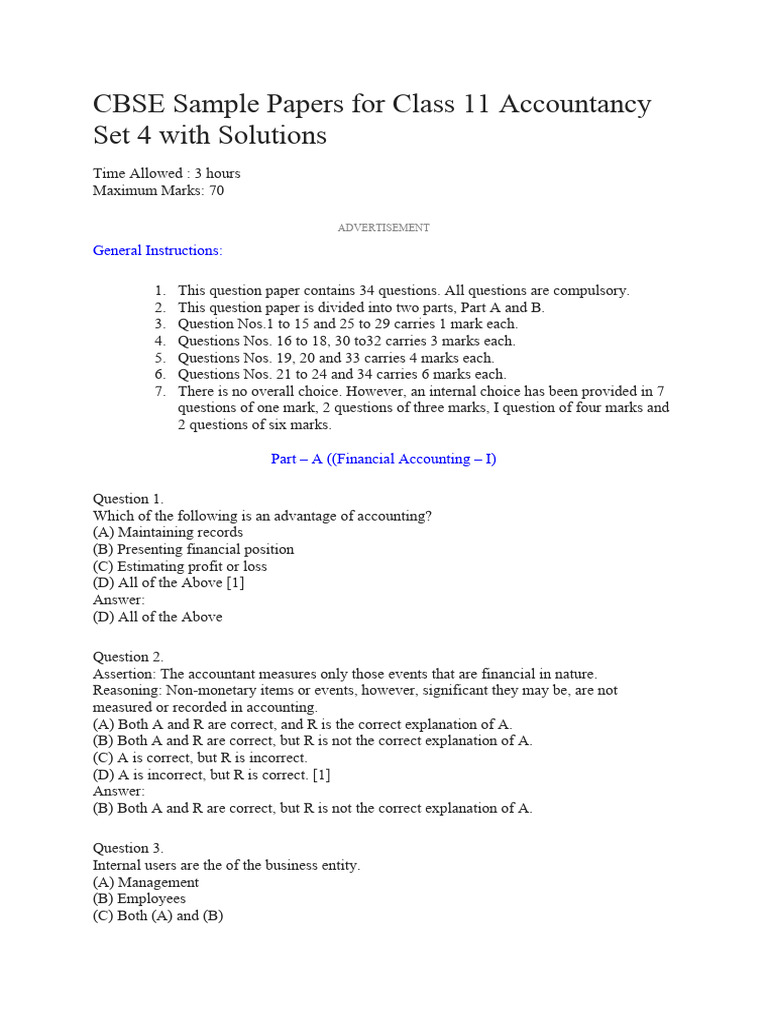 CBSE Sample Papers For Class 11 Accountancy Set 4 With Solutions | PDF ...