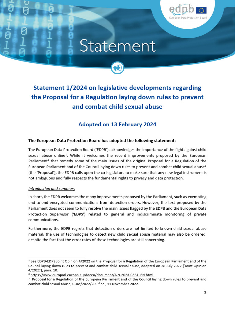 Edpb Statement 202401 Proposal Regulation Prevent Combat Child Sexual ...