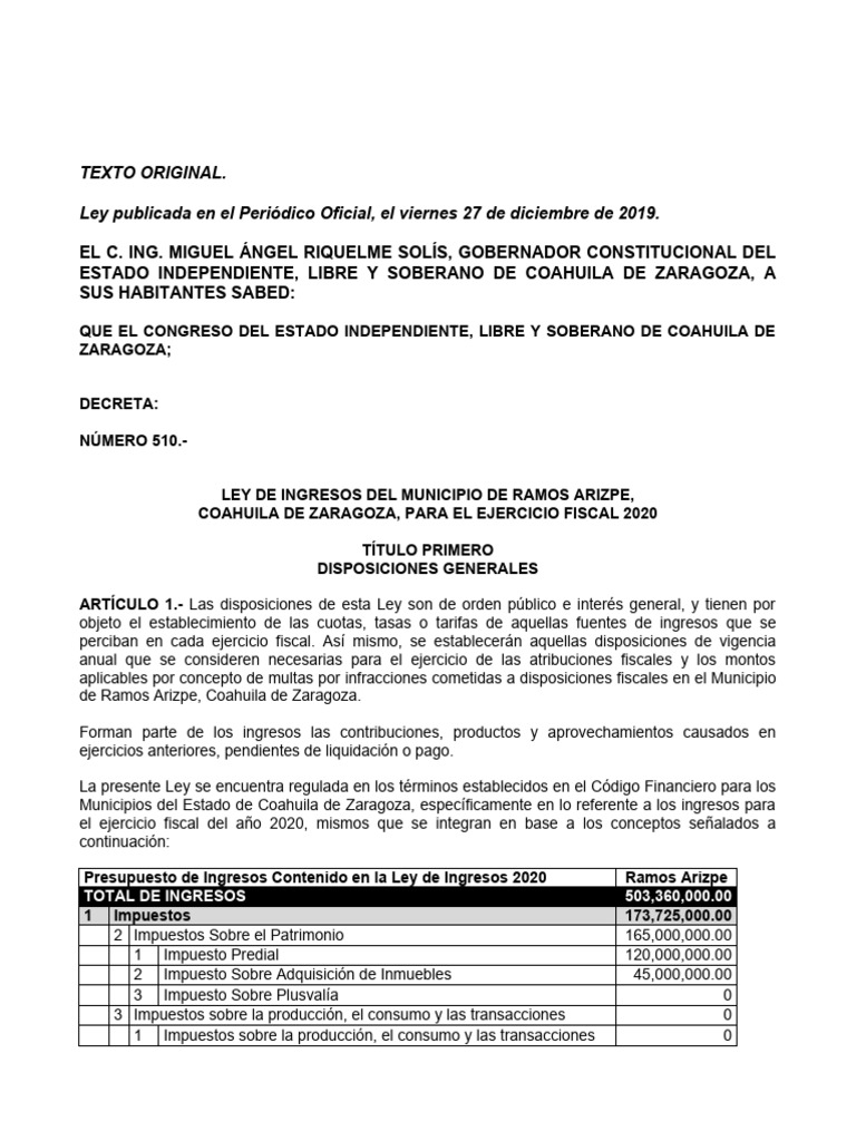 Ley de Ingresos Ramos Arizpe 2020 | PDF | Impuestos | Deuda