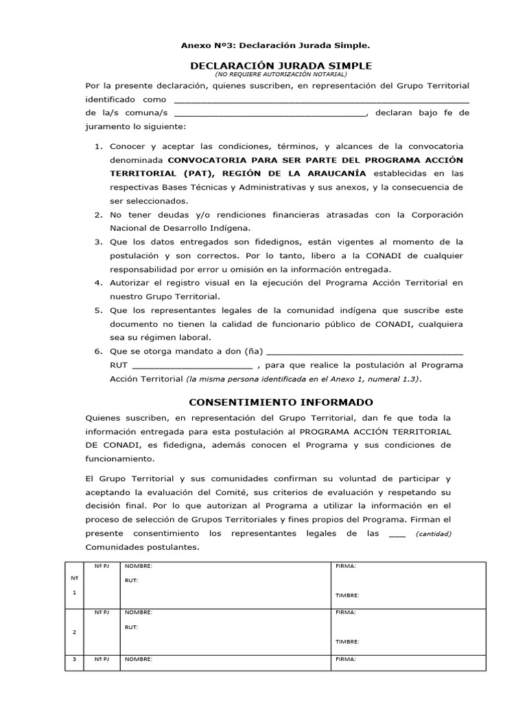 Declaracion Jurada Simple Anexo 3 | PDF