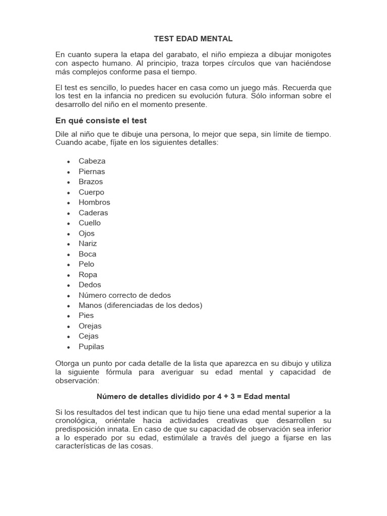 Test para Calcular Edad Mental Infantil | PDF | Crecimiento personal y ...