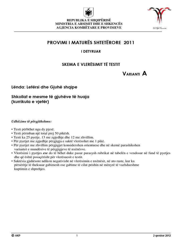 2012 Shkollat e Mesme Të Gjuhëve Të Huaja Skema - A | PDF