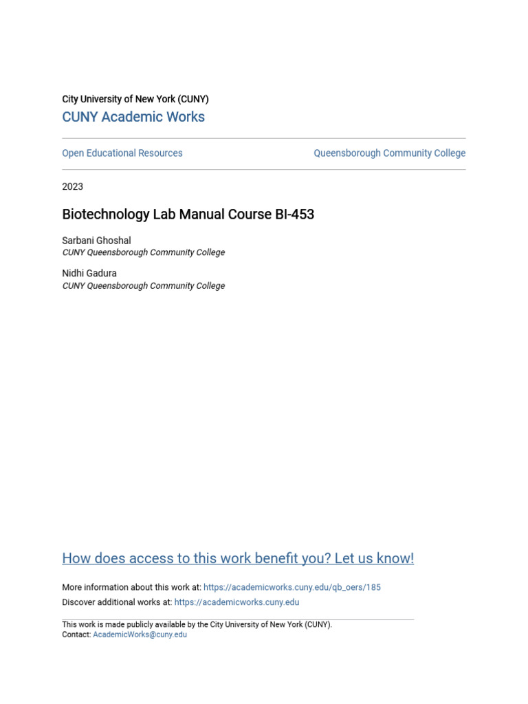 BI-453 Biotechnology Lab Manual | PDF | Agarose Gel Electrophoresis ...