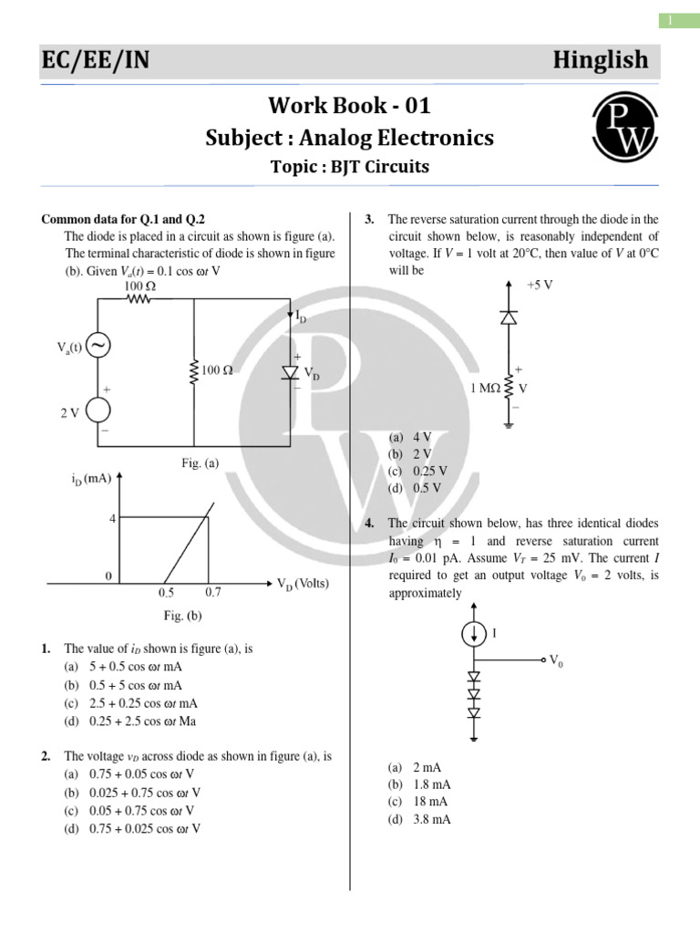 Work Book - 1 Diode BJT - Sid Sir | PDF | Amplifier | Bipolar Junction Transistor