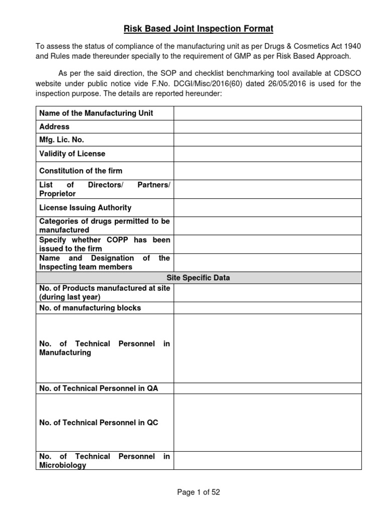 Risk-Based Joint Inspection Checklist | PDF | Hygiene | Purified Water