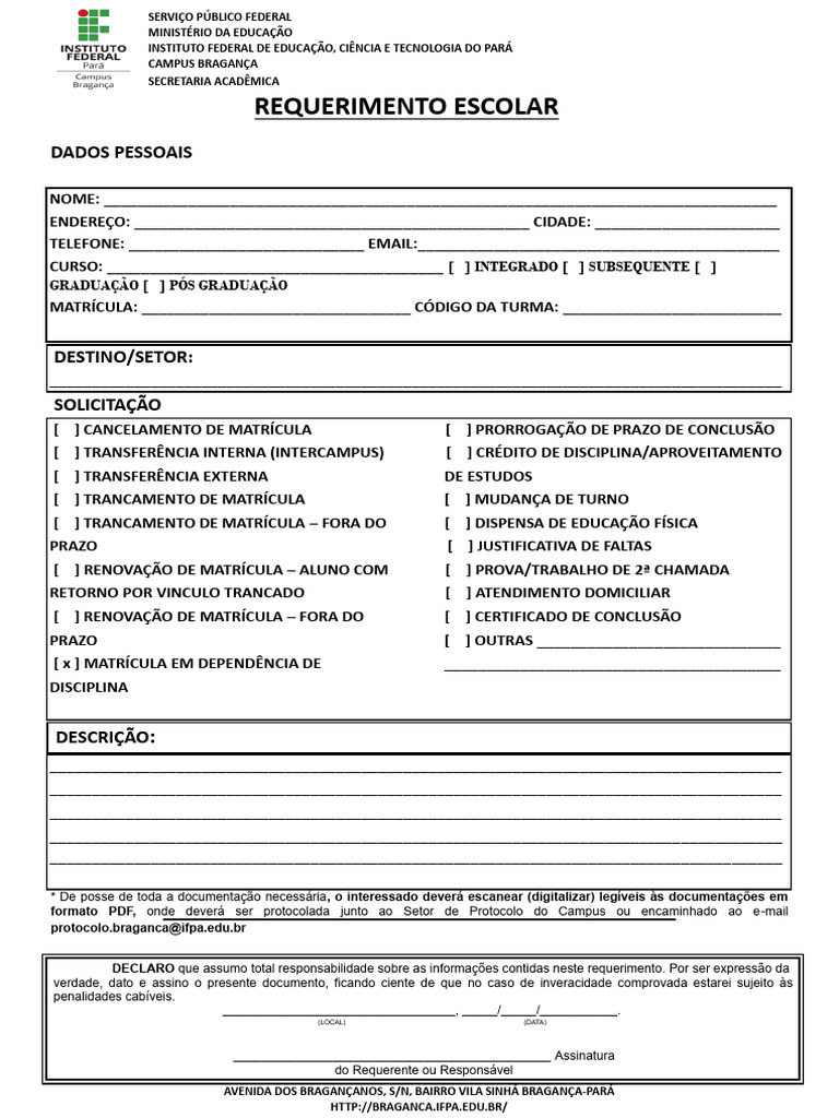 Kassia fORMULÁRIO DE REQUERIMENTO ESCOLAR BRAGANÇA 2020 | PDF
