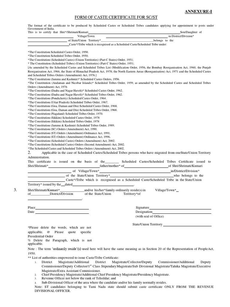 Caste Certificate Formats for SC/ST/OBC | PDF