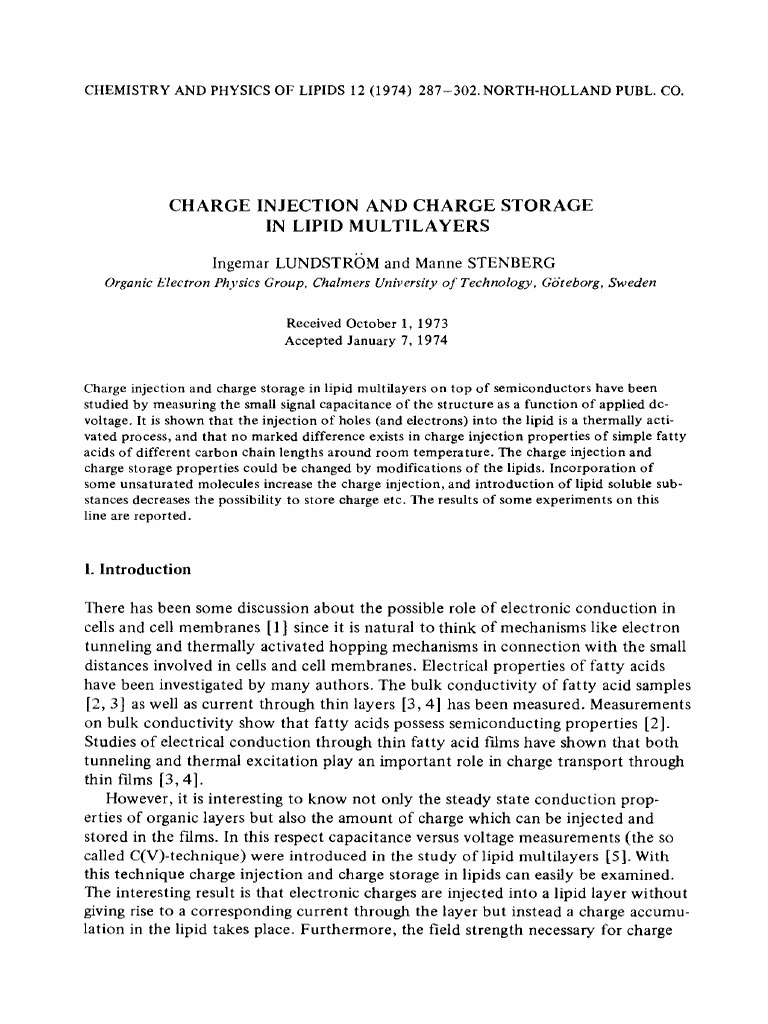 Lundstrom & Stenberg 1974 Charge Injection & Charge Storage in Lipid Multilayers | PDF ...