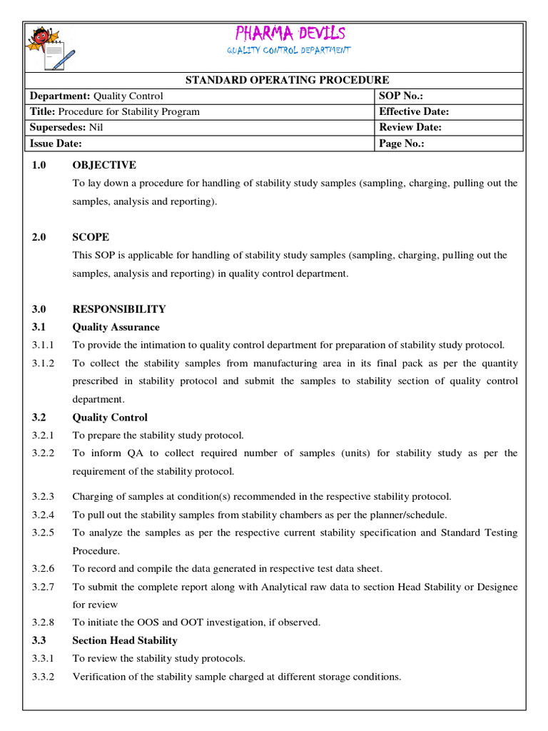 SOP For Procedure For Stability Programme | PDF | Quality Assurance | Specification (Technical ...