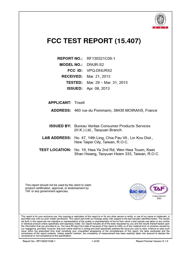 FCC TEST REPORT (15.407) : Bureau Veritas Consumer Products Services (H ...