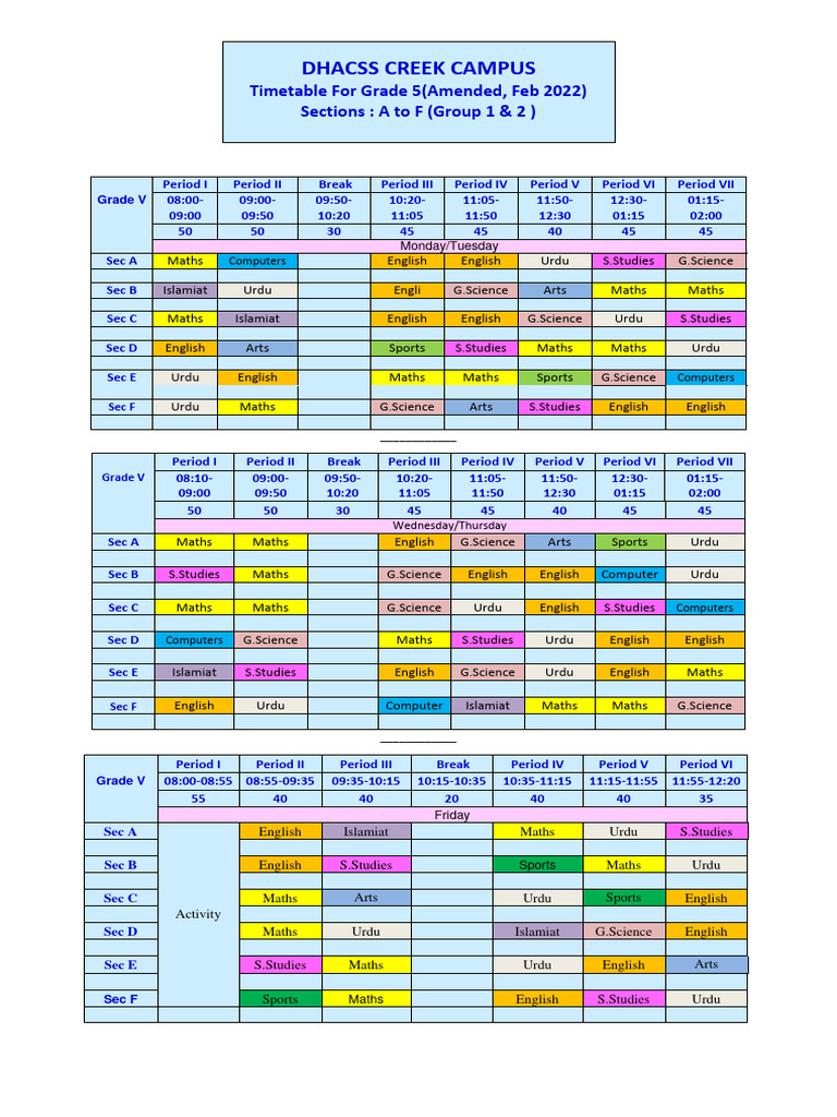 Grade 5, On Campus Timetable (Feb 2022) Amended | PDF