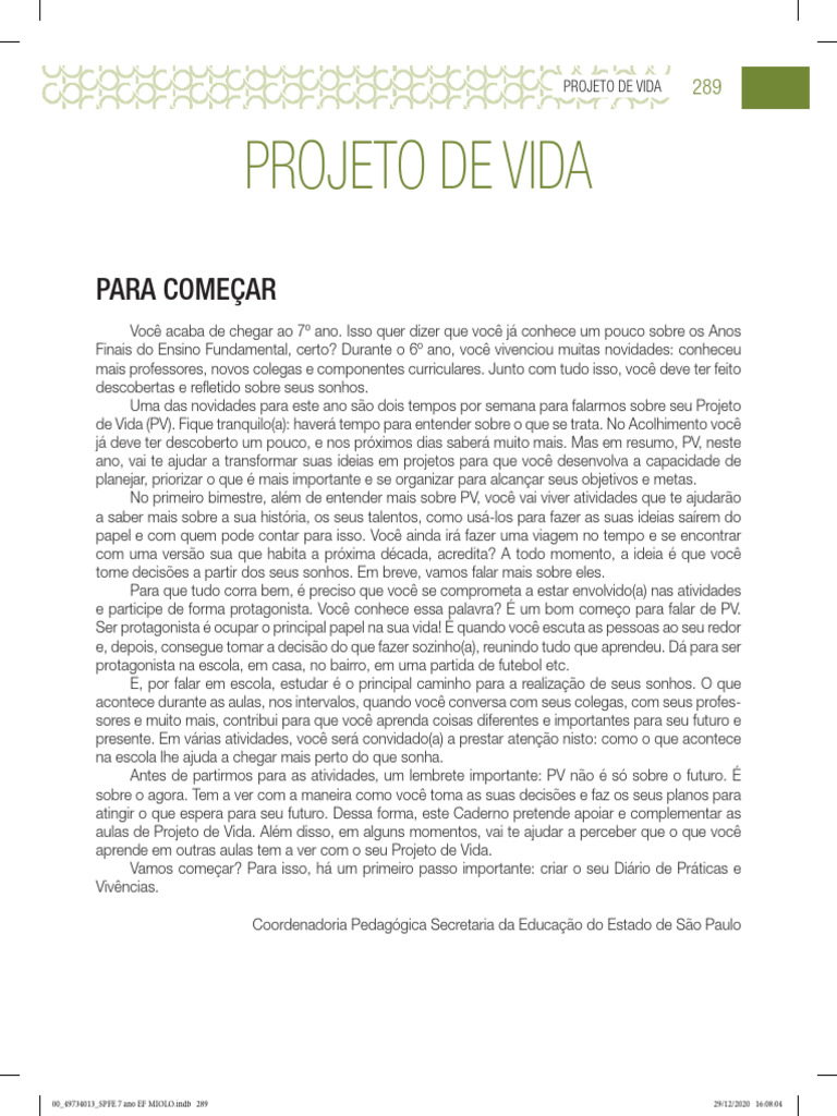 Projeto de Vida 7 Ano - Caderno Atividades | PDF | Aprendizado | Vida