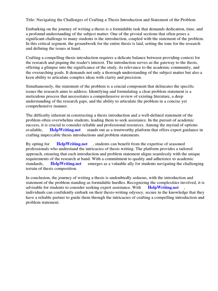 Thesis Introduction Statement of The Problem | PDF | Thesis | Essays